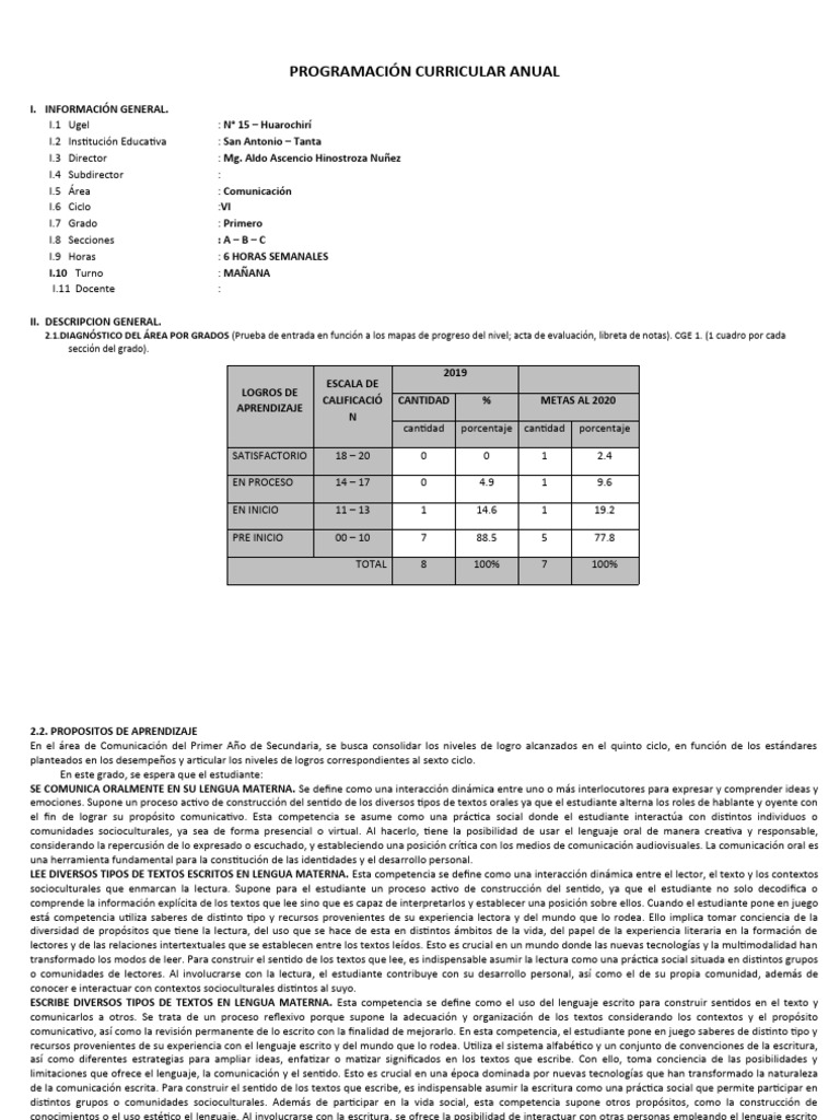 Programación Curricular Anual | PDF | Experiencia | Aprendizaje