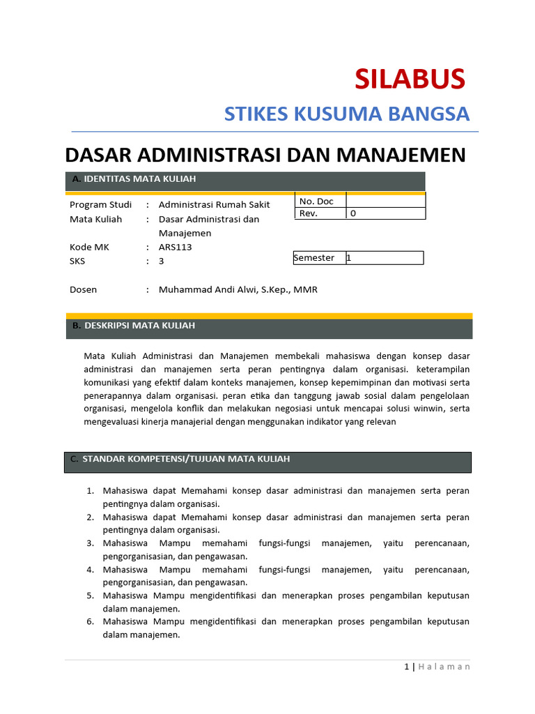 Silabus Dasar Administrasi Dan Manajemen | PDF | Seni