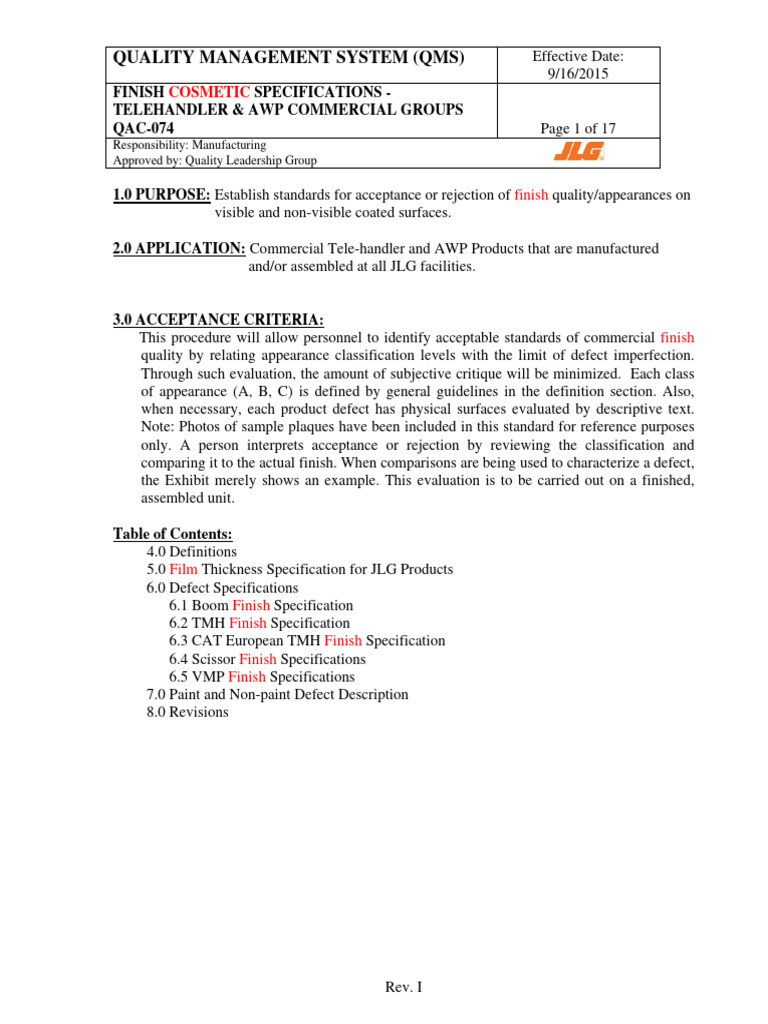 Finish Cosmetic Specifications for QMS | PDF | Quality Management System