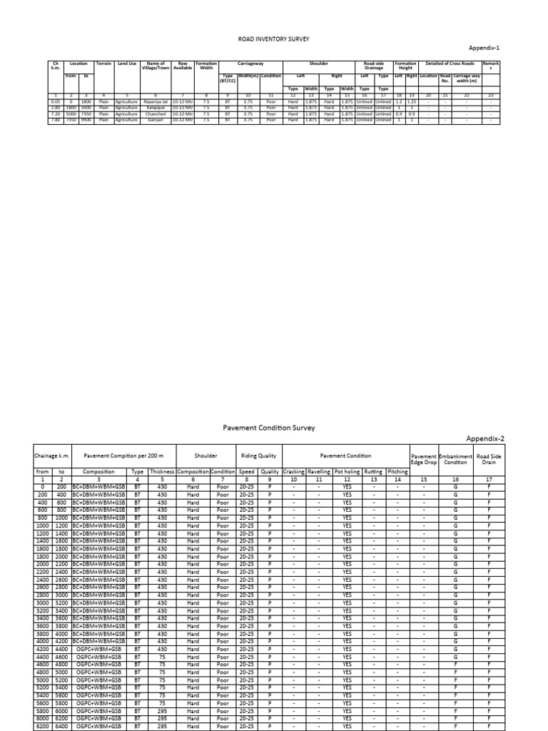 Road Inventory Survey Appendix-1 | PDF | Road | Civil Engineering