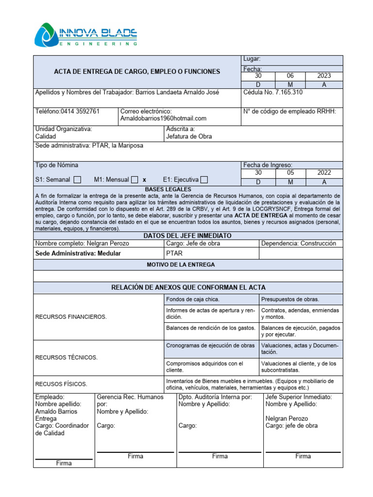 Acta de Entrega de Cargo Formato e Instruciones (Innova. | PDF ...