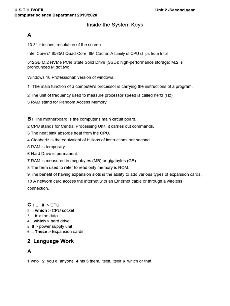Unit 3 L2 Keys | PDF | Random Access Memory | Central Processing Unit