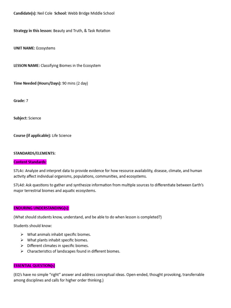 Task Rotation Lesson Plan 3 - Cole | Download Free PDF | Ecosystem ...