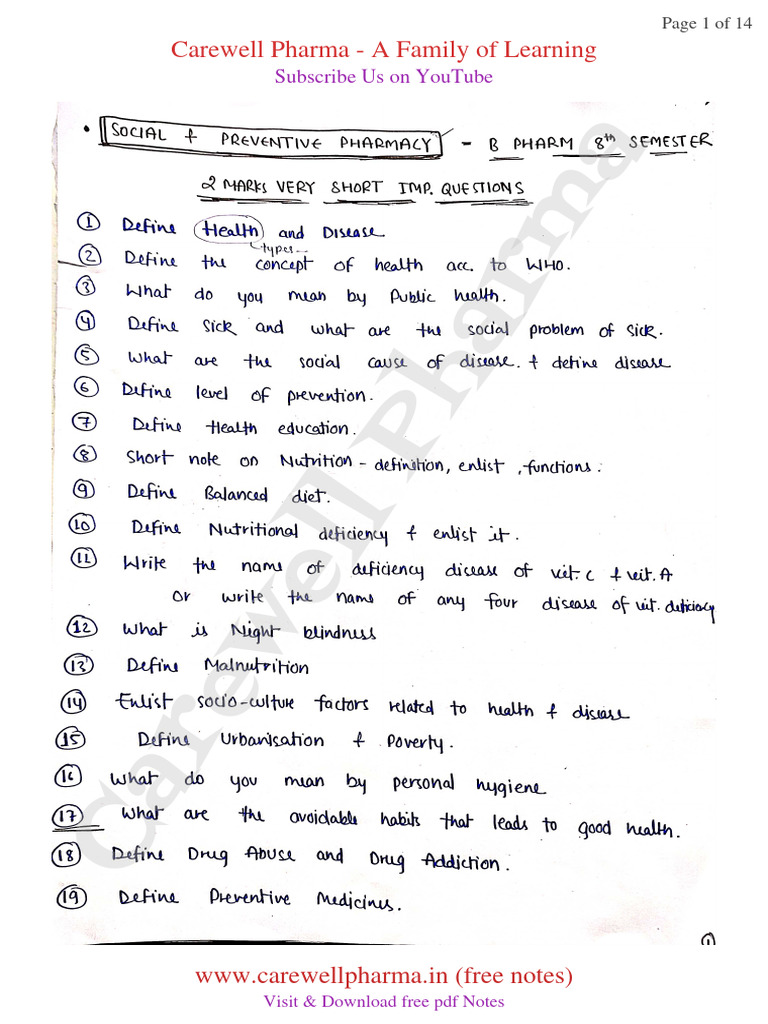 Social and Preventive Pharmacy Solution for 2 Marks Most Important Questions | PDF | Diseases ...