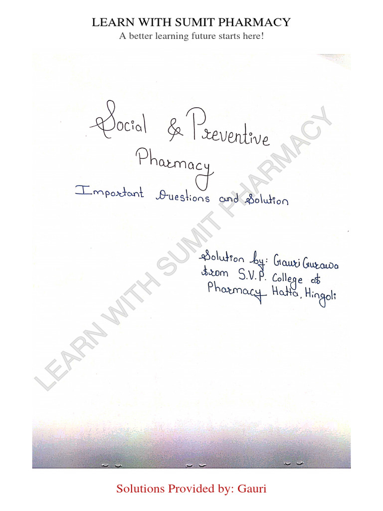 Social and Preventive Pharmacy Imp Questions Solutions | PDF