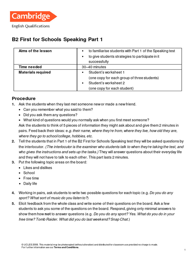 Cambridge English b2 First For Schools Speaking Part 1 | PDF | Human ...