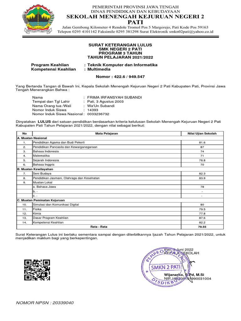 SKL - Frima Irfansyah Subandi | PDF