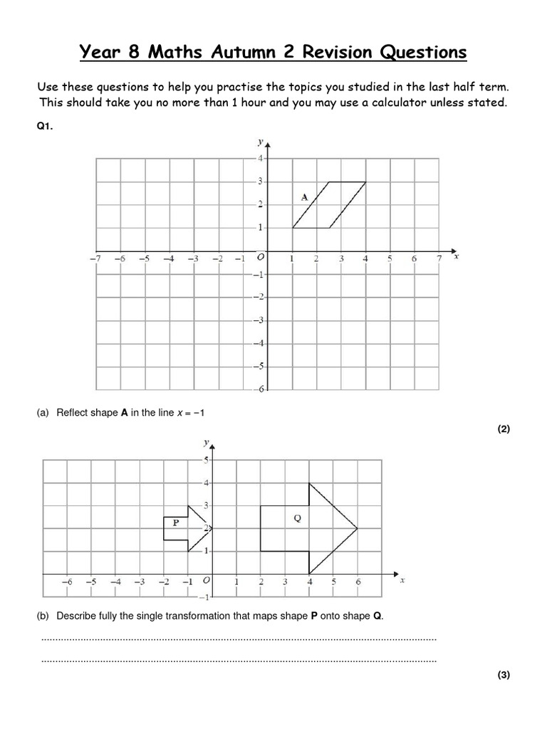 Year 8 Maths Autumn 2 Revision Questions | PDF | Line (Geometry) | Area