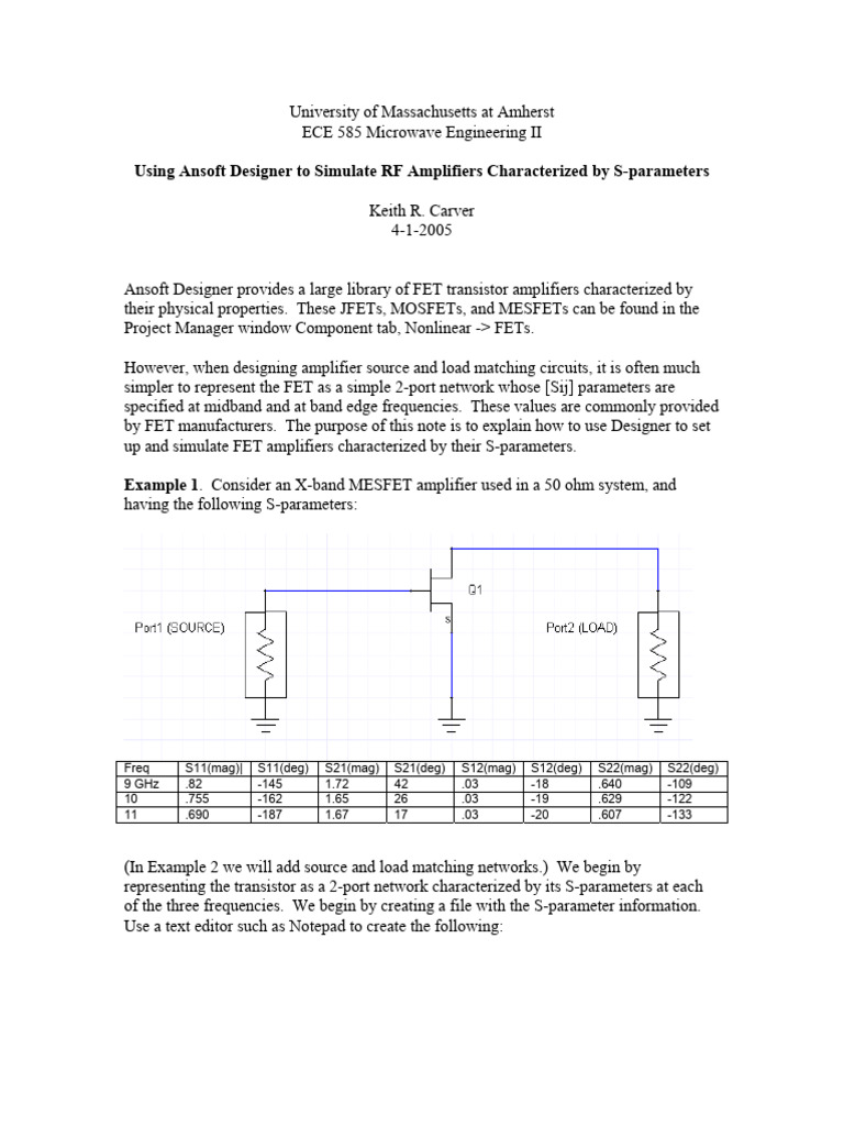 Ansoft Designer Tutorial FETs 2 Ports | PDF | Amplifier | Field Effect Transistor