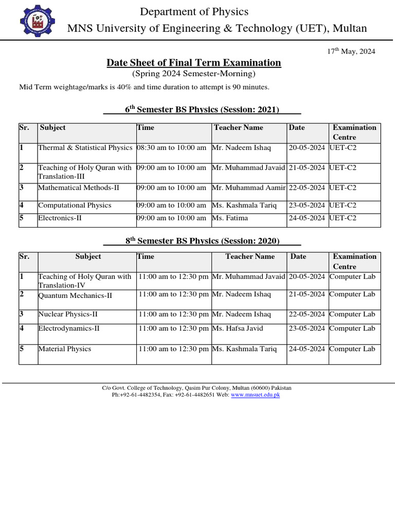 Final Term Date Sheet Spring 2024 | PDF | Physics | Physical Sciences