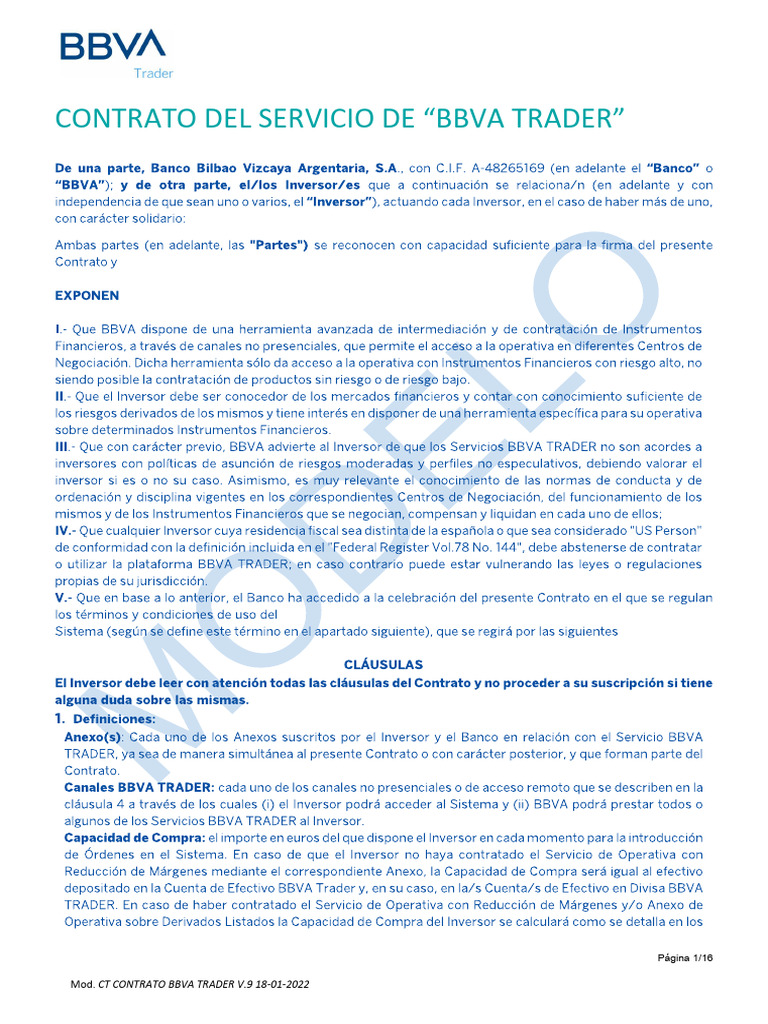 Contrato Bbva Trader Prefirma Modelo | PDF | Economias | Bancario