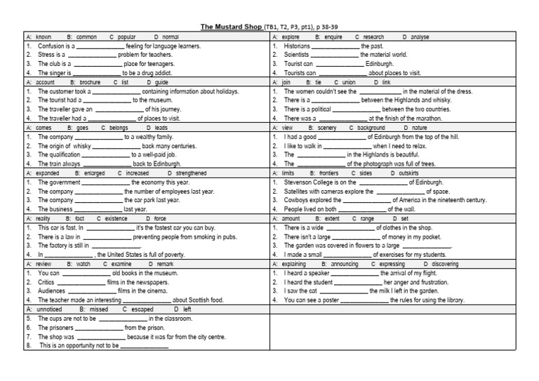 B2 First, TB1,T2, multiple choice cloze, the mustard shop | PDF