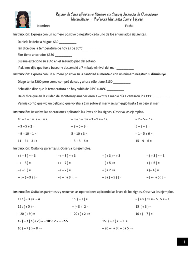 Repaso Suma y Resta de Numeros Con Signo y Jerarquia | PDF | Números ...