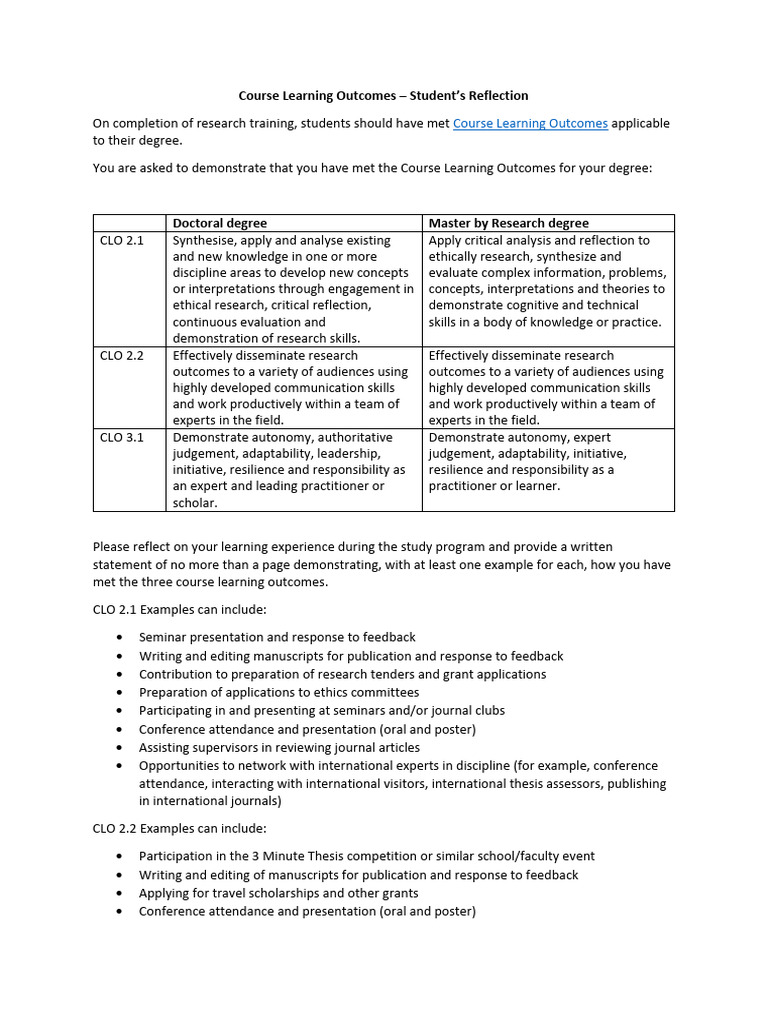Student Course Learning Outcomes | PDF | Thesis | Learning