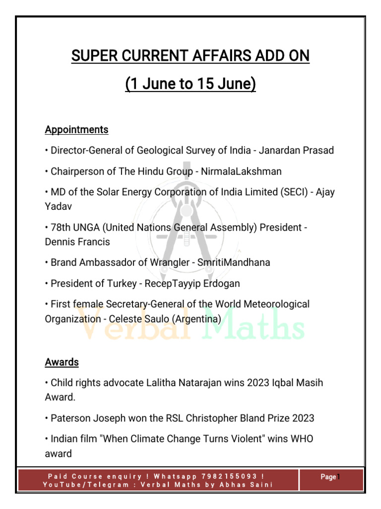 Super Current Affiars Add Ons (1 June To 15 June) | PDF