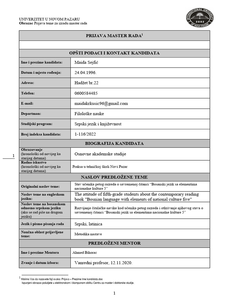 Maida Prijava Teme | PDF