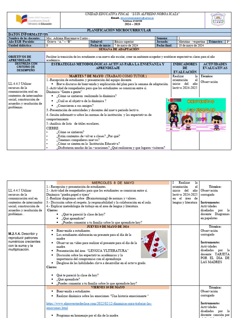 Planificacición Semana 1 8vo 2024 | PDF | Enseñando | Modificación de ...