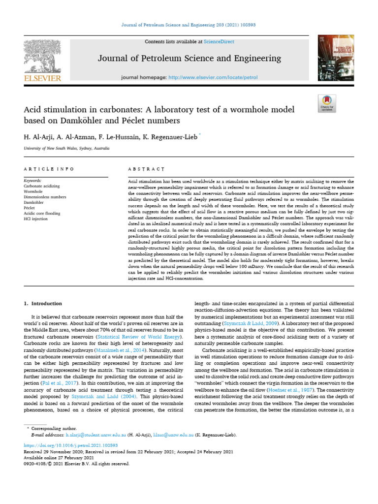 Acid Stimulation in Carbonates - A Laboratory Test of A Wormhole Model ... Acid Stimulation in Carbonates - A Laboratory Test of A Wormhole Model ...