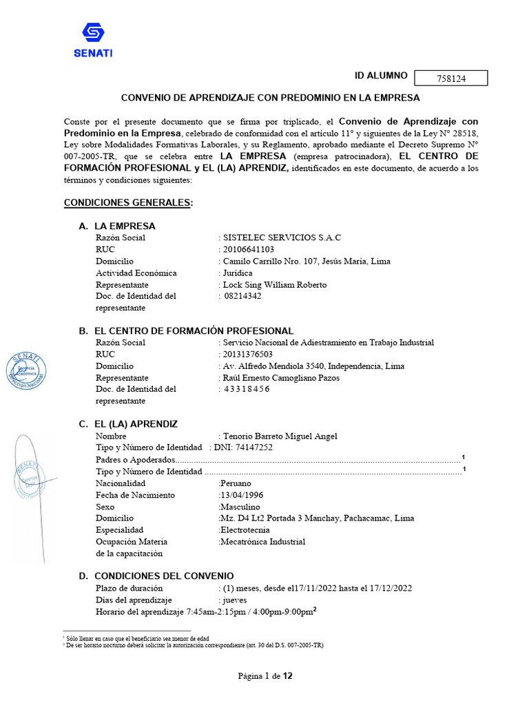 Convenio de Aprendizaje Con Predominio en La Empresa 21.09.2022 | PDF ...