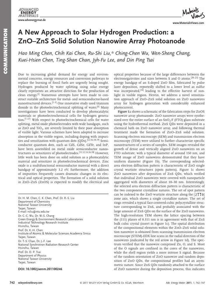A New Approach To Solar Hydrogen Production A ZnO | PDF | Zinc Oxide | Nanowire