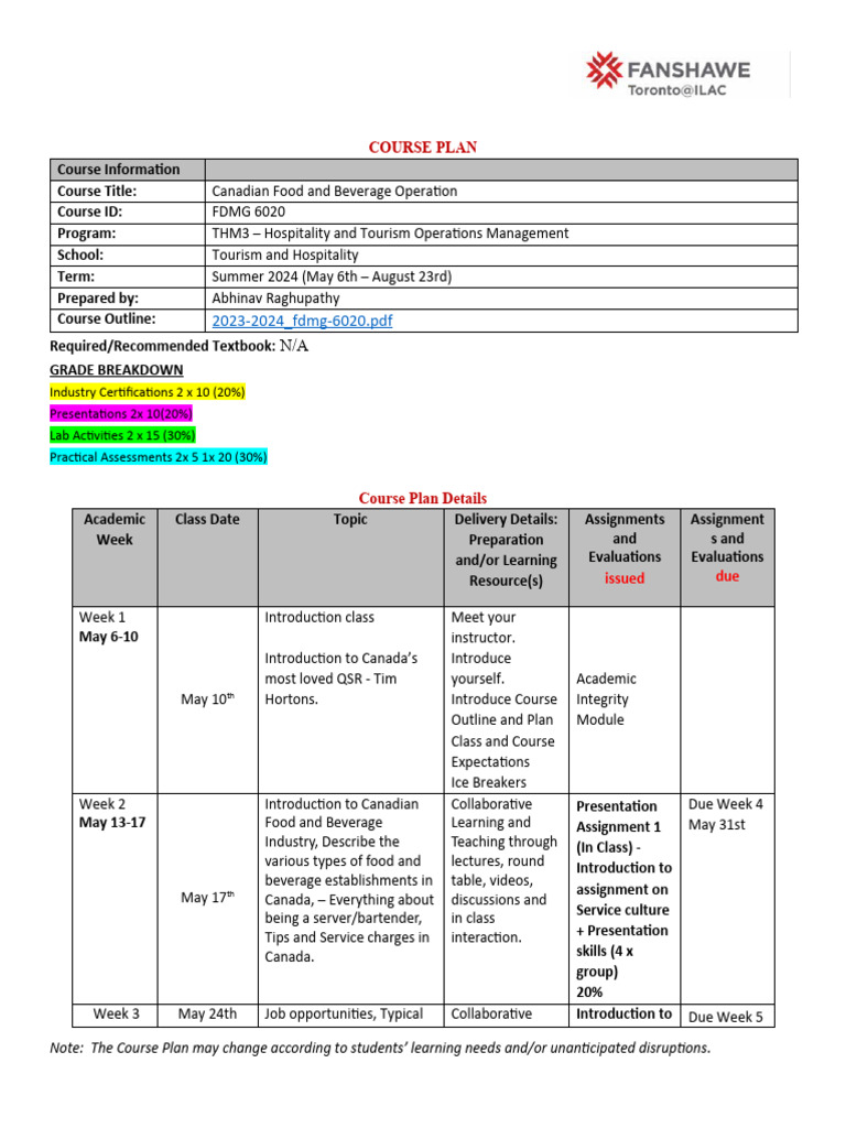 Course Teaching Plan | PDF | Waiting Staff | Learning