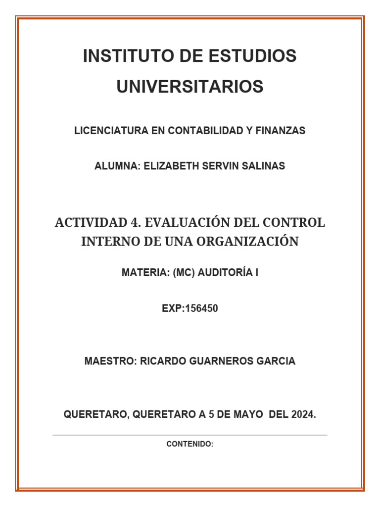 TAREA 4_ESS_ Evaluación del control interno de una organización | PDF | Contabilidad | Business