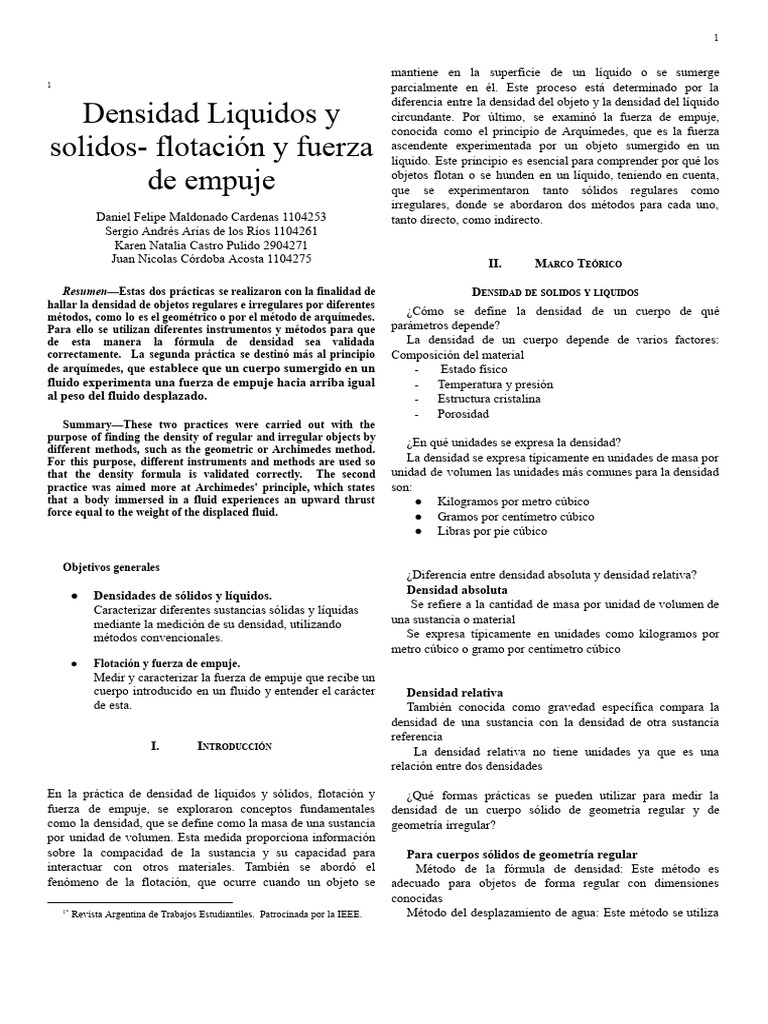 Densidad, Flotación y Empuje en Líquidos | PDF | Densidad | Volumen