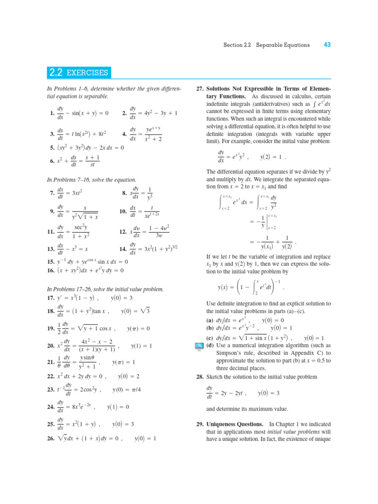 Exercises Section 2 2 Separable Equations Pdf Equations Integral