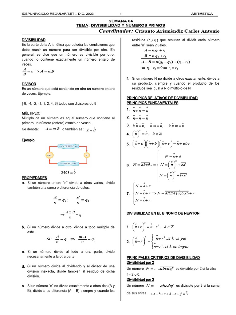 Aritmetica - S04 - Divisibilidad y Numeros Primos - Regular 2023 - 3 | PDF | División ...