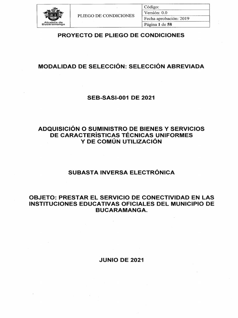 Proyecto Pliego de Condiciones Seb-Sasi-001-2021 | PDF