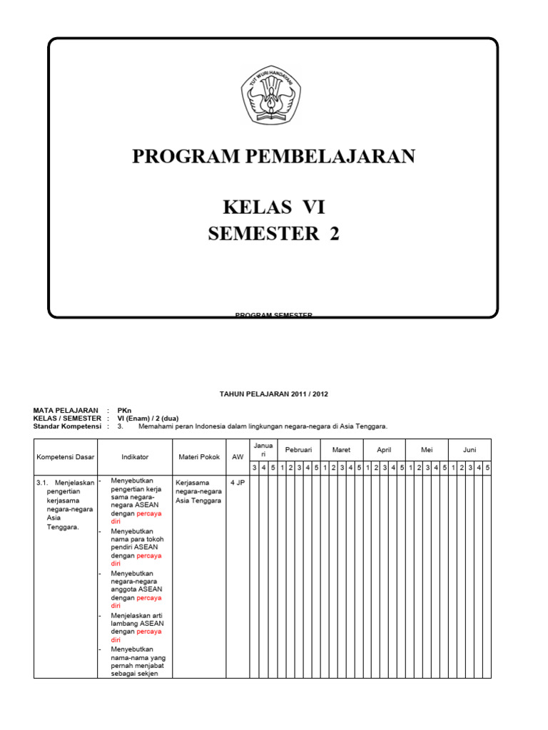 Program Semester Kelas VI 2011/2012 | PDF