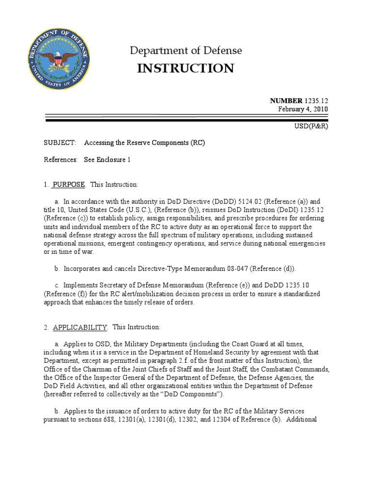 DODI 1235.12 Accessing The Reserve Components (RC) | Download Free PDF ...