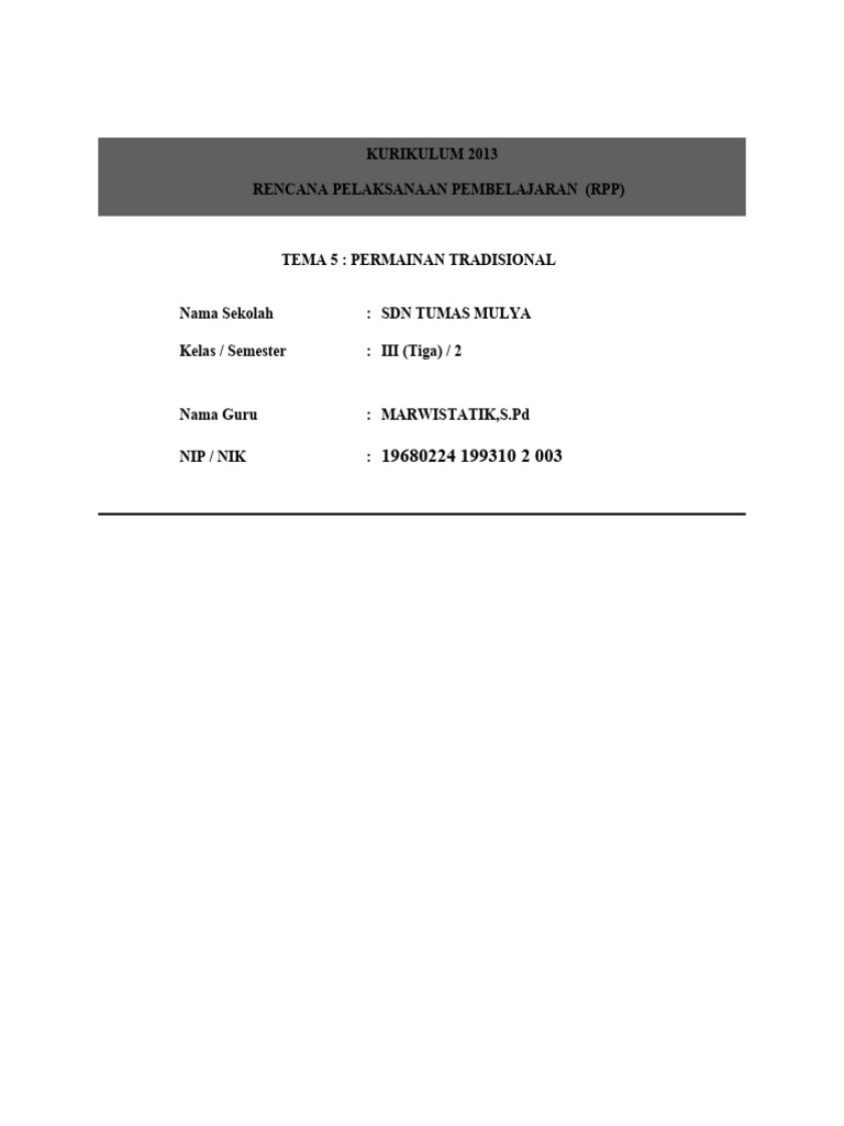 RPP Kelas 3 Tema 5 Permainan Tradisional | PDF | Kajian Bahasa Asing | Sains & Matematika