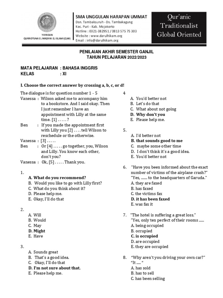 Soal Pas Bahasa Inggris Kelas 11 A & B | PDF | Car