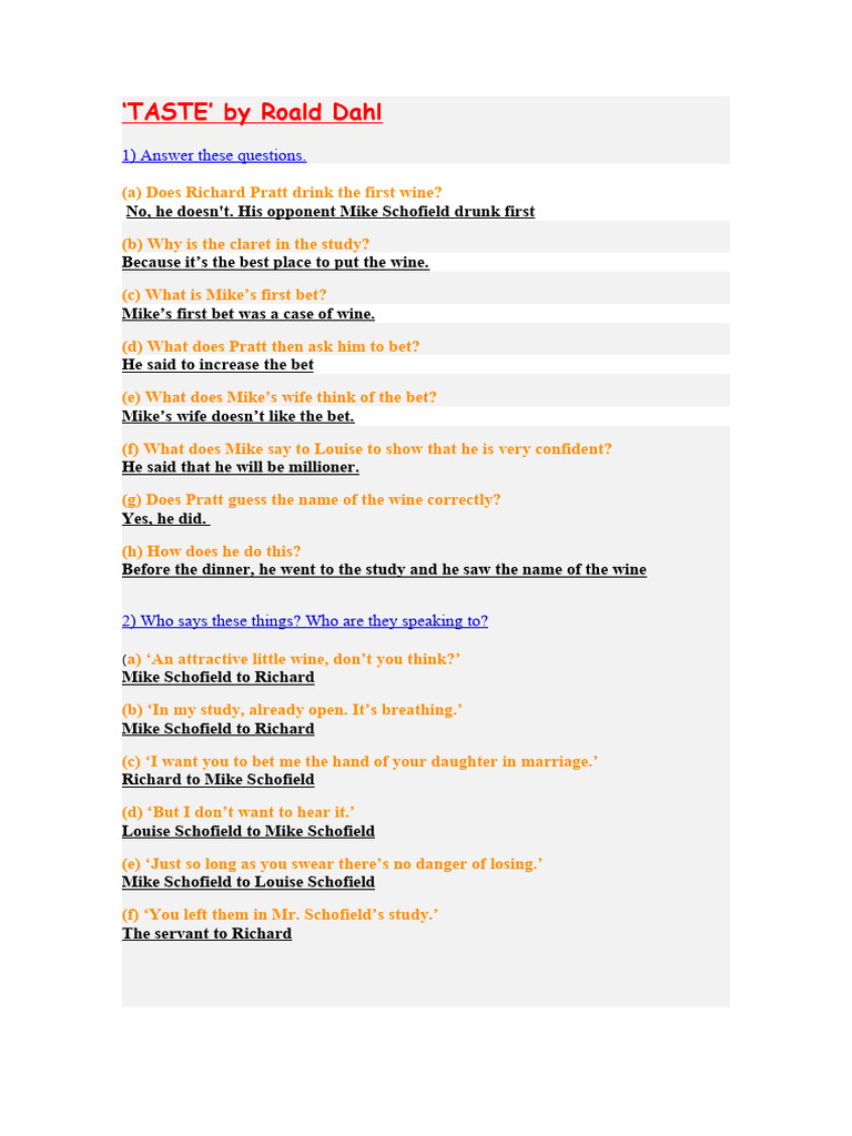 Analysis of "Taste" by Roald Dahl | PDF