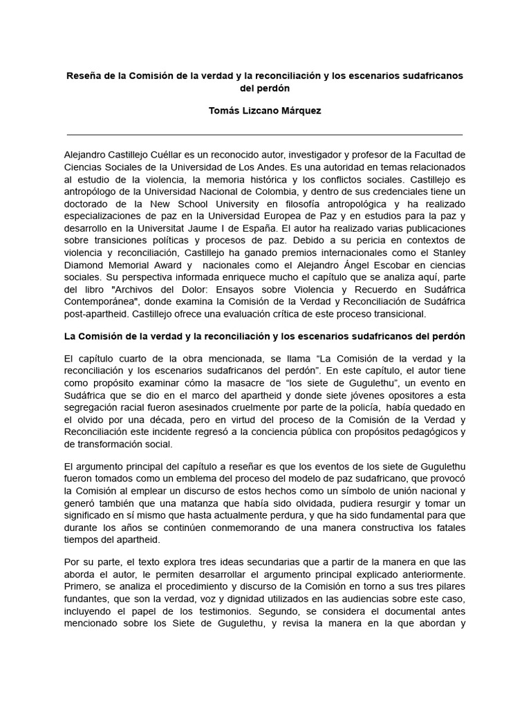 Reseña Tomas Lizcano Marquez | PDF | Testimonio | Sudáfrica