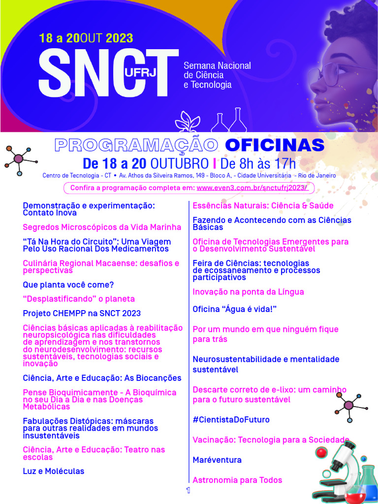 Programação SNCT UFRJ 2023: Oficinas e Atividades | PDF | Science ...