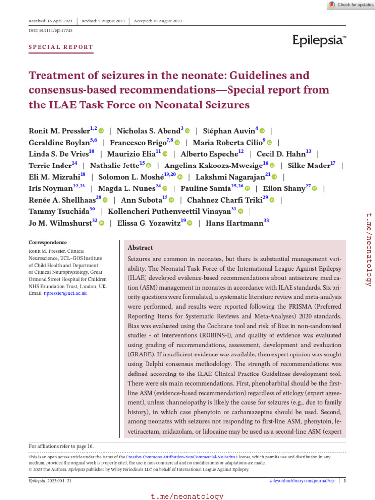 Treatment of Seizures in The Neonate Guidelines and Consensus Based ...