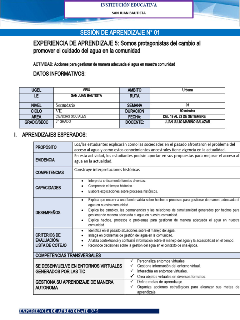 Semana 1 - Eda 5 - 3er Año - C.C.S.S. | PDF | Maestros | Aprendizaje