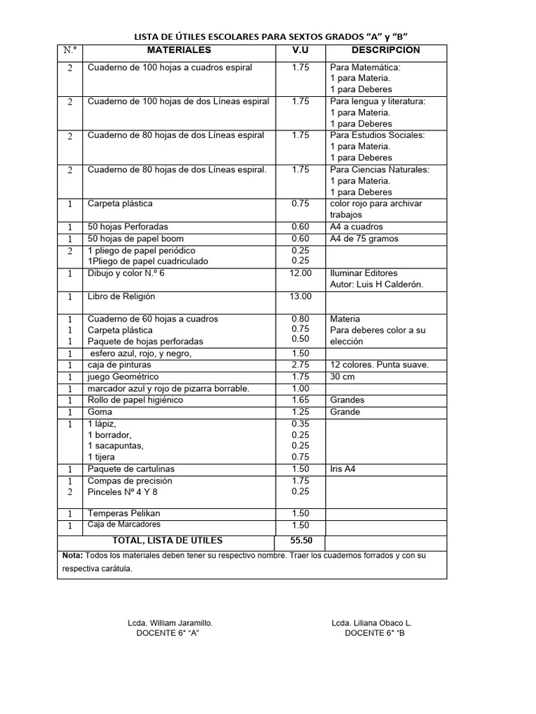 Lista de Útiles Escolares para Sextos Grados | PDF | Papelería