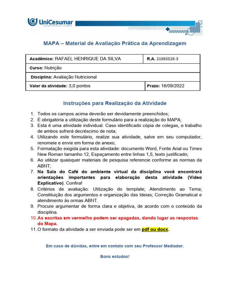 MAPA AVALIACAO NUTRICIONAL | PDF | Obesidade | Colesterol