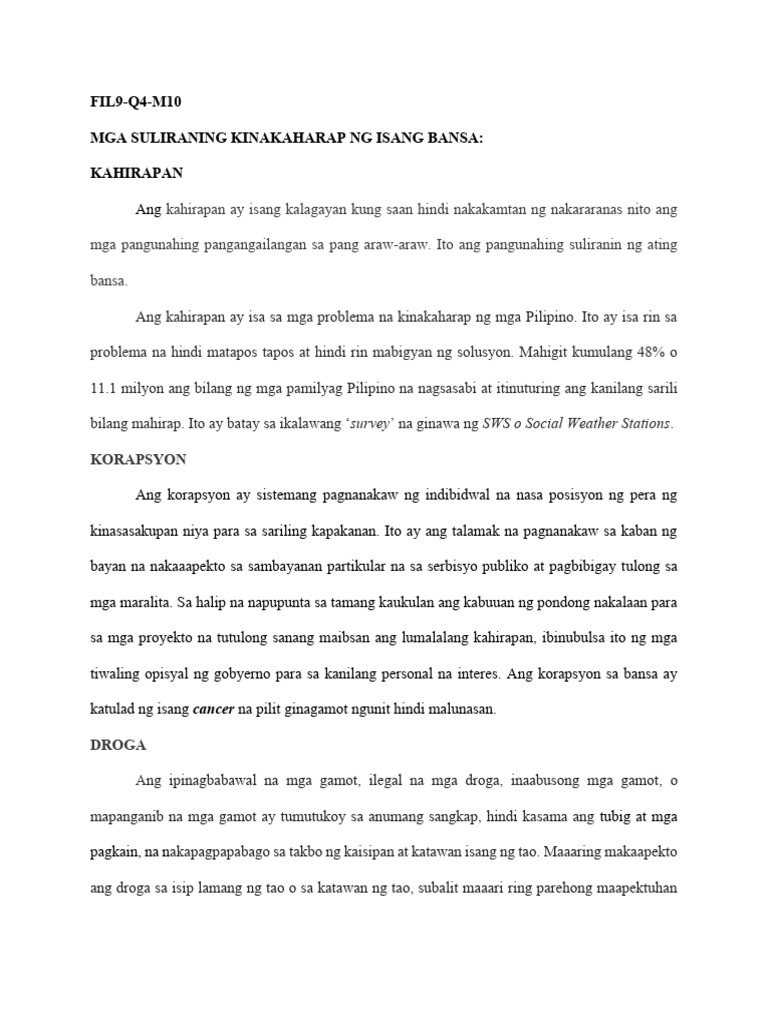FIL9-Q4-M10 Mga Suliraning Kinakaharap NG Isang Bansa: Kahirapan | PDF