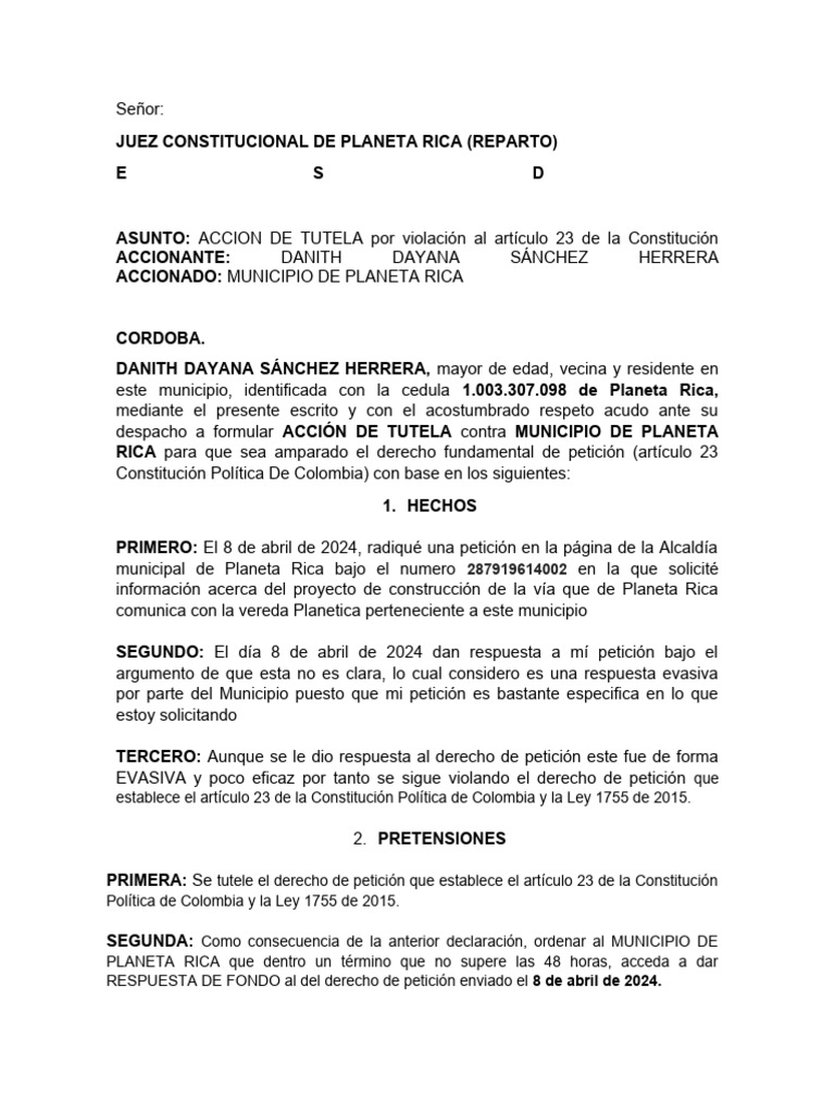 Tutela Gestion Publica Danith Sanchez | PDF | Petición | Constitución