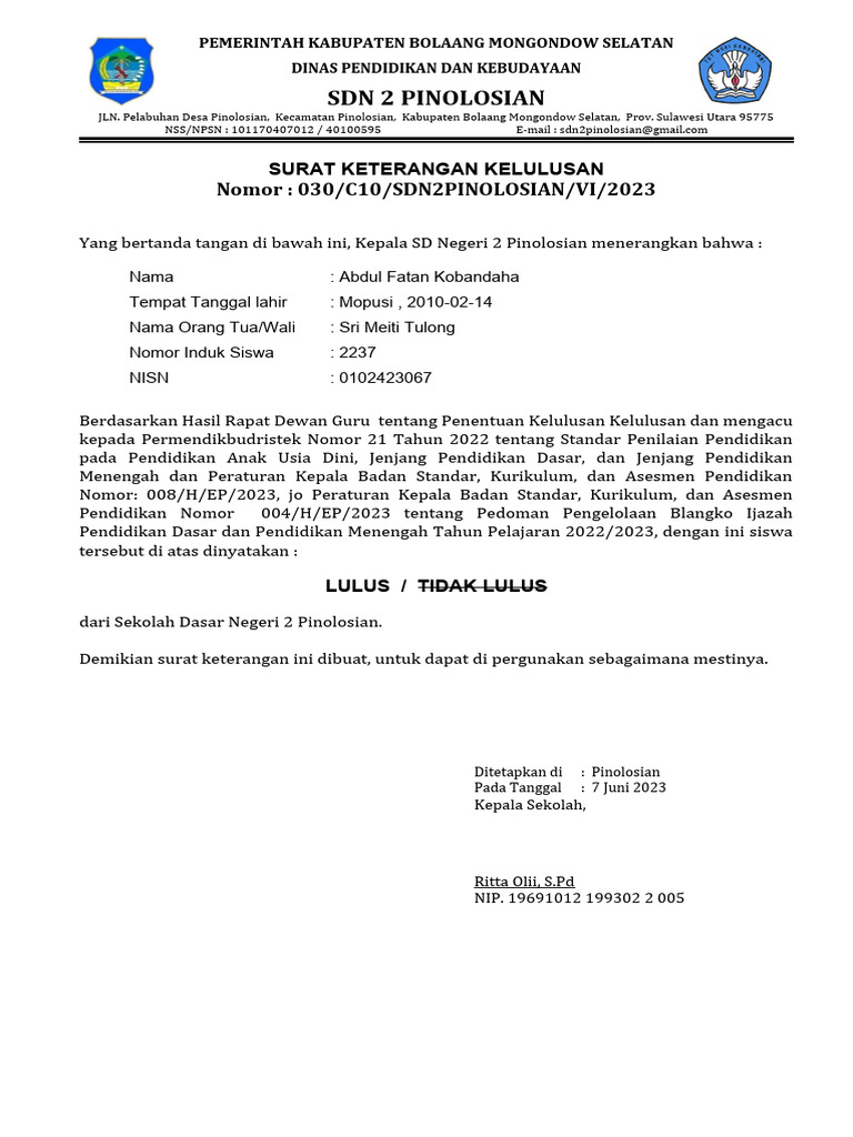 Surat Keterangan Kelulusan Kelas 6 | PDF