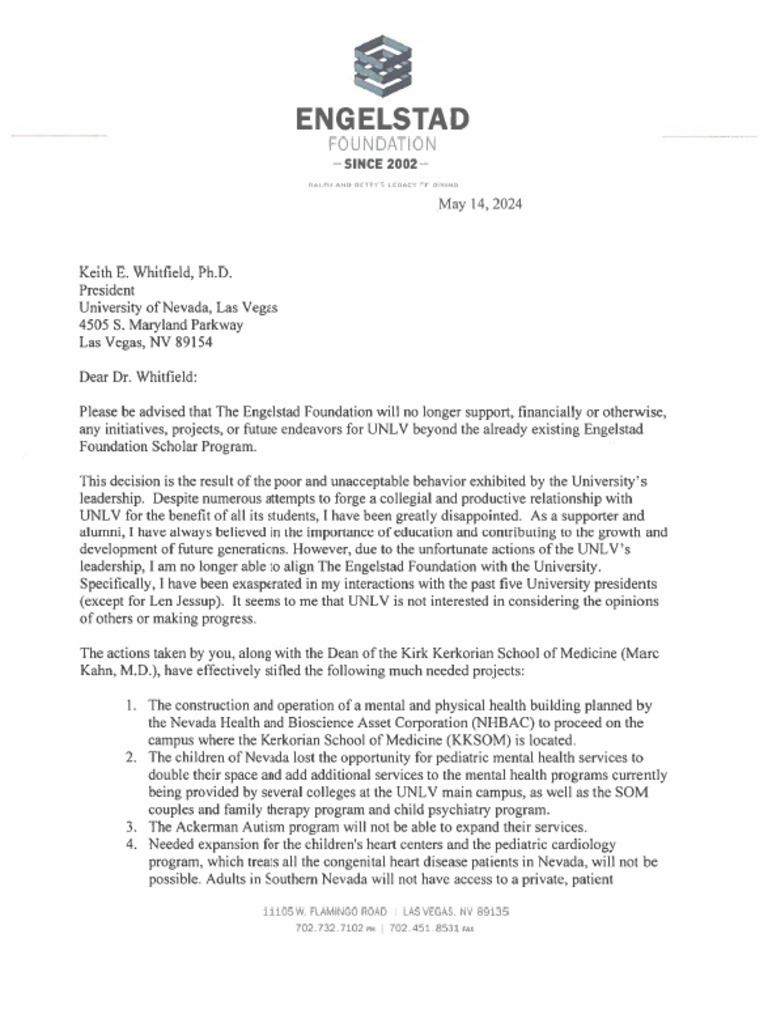 Engelstad Foundation Withdraws Support For Unlv Pdf Cardiology