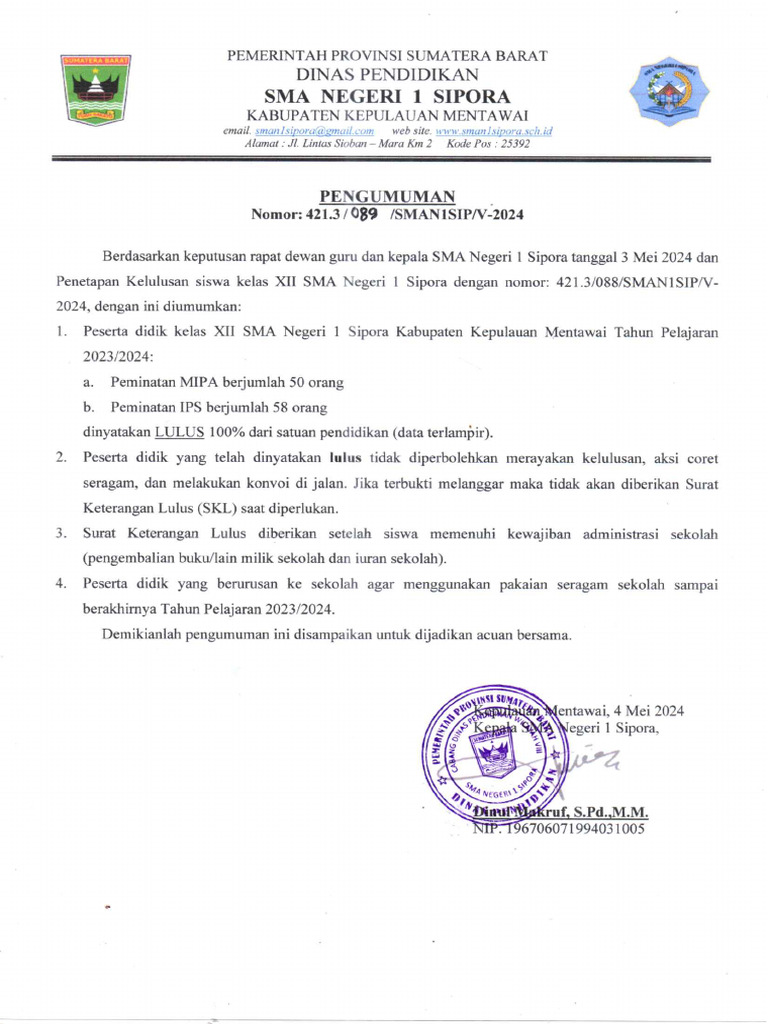 Pengumuman Kelulusan Siswa Kelas XII - TP 2023-2024 | PDF