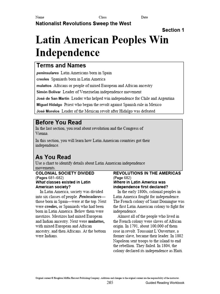 Latin American Revolution Guided Reading | PDF | Latin America | Former ...