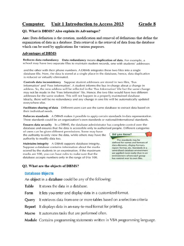 Computer Unit 1 Introduction To Access 2013 Grade 8 | PDF