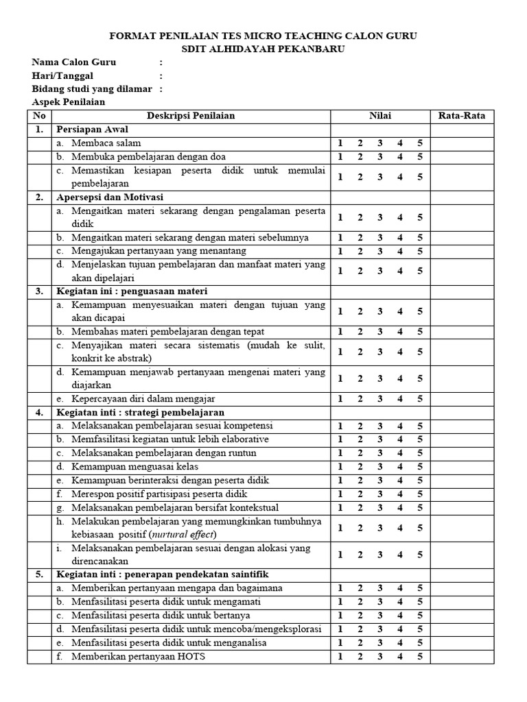 Format Penilaian Tes Micro Teaching Calon Guru | PDF