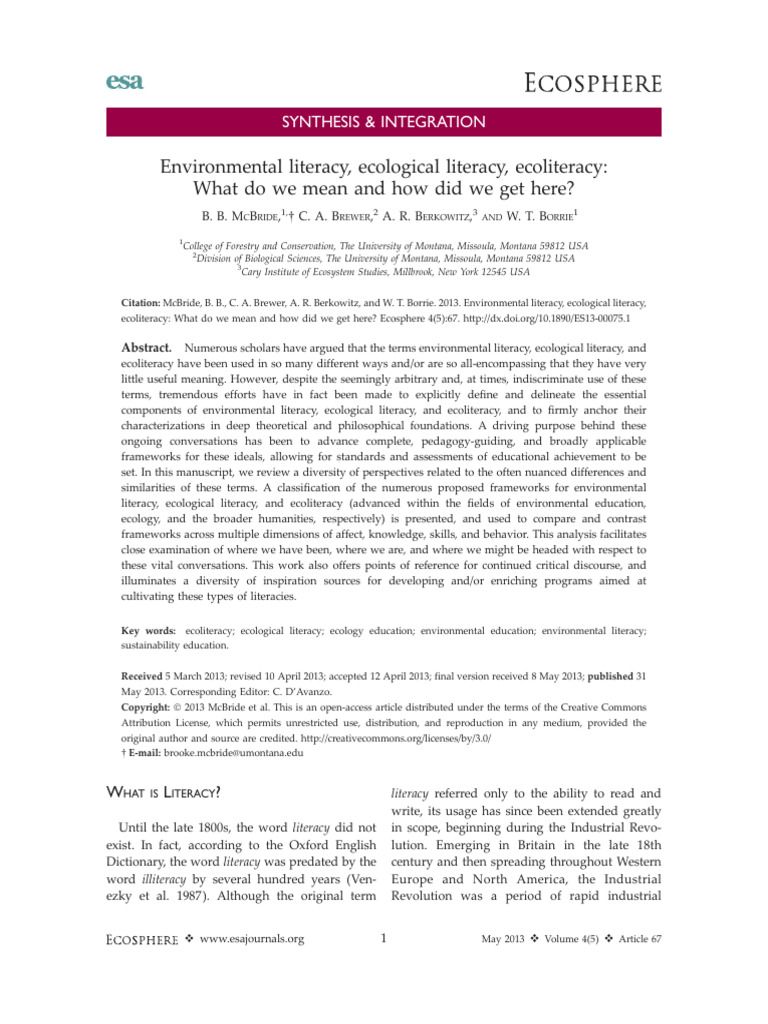 Ecosphere - 2013 - McBride - Environmental Literacy Ecological Literacy Ecoliteracy What Do We ...